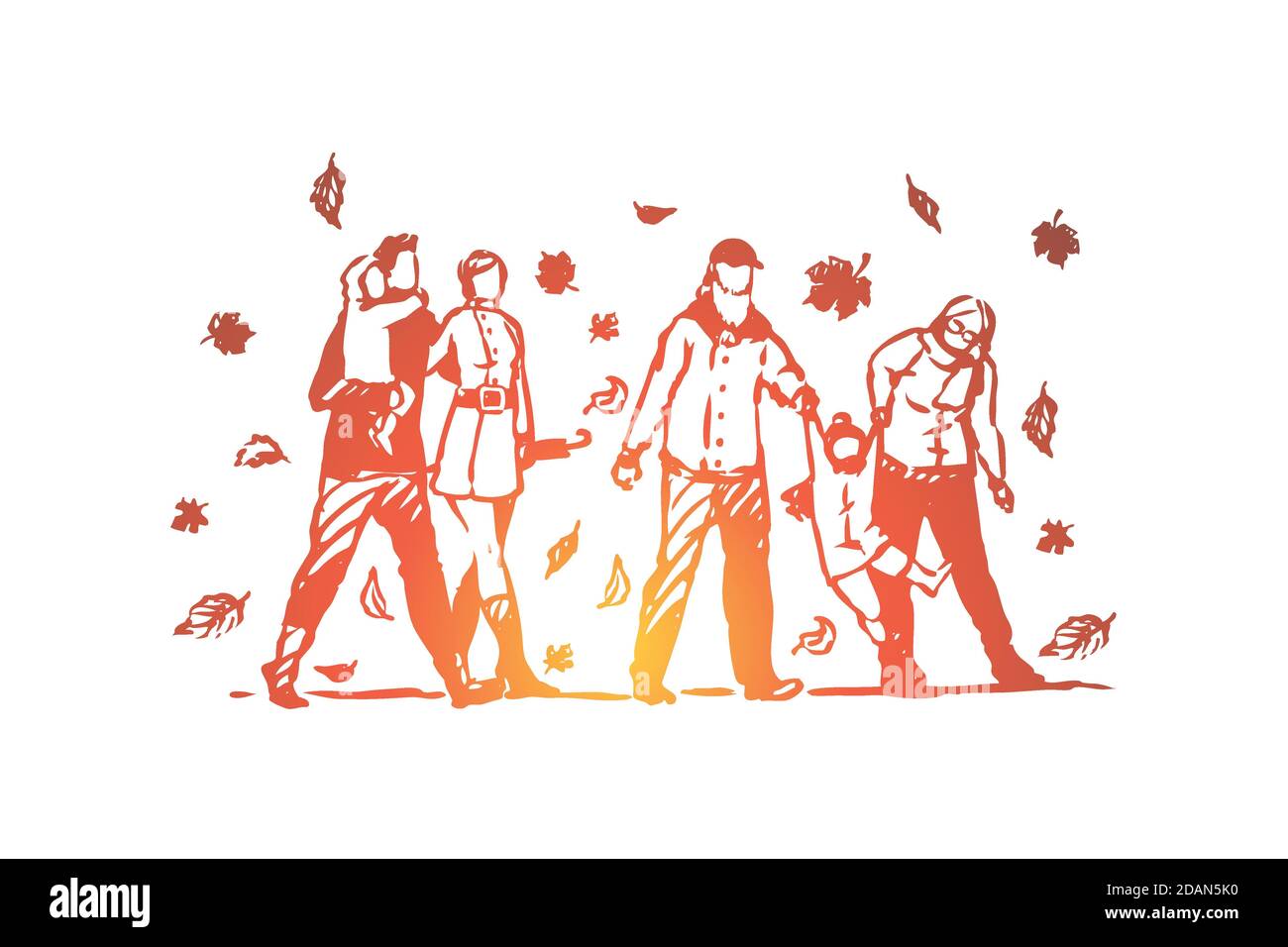 Family, autumn, park, people, tree concept. Hand drawn isolated vector ...