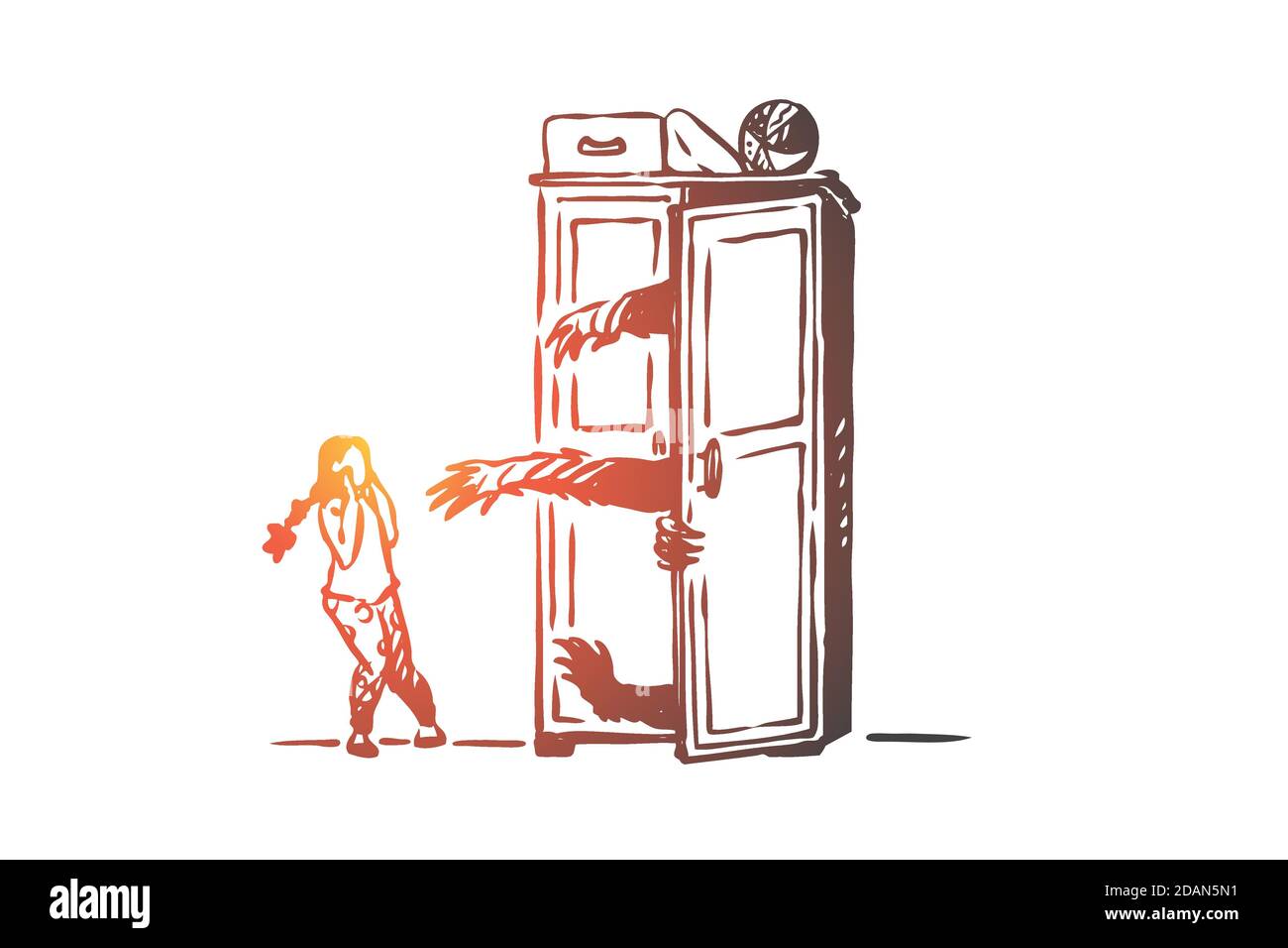 Cupboard, monster, child, fear, scary concept. Hand drawn isolated ...