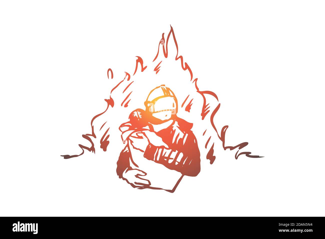 Firefighter, safety, fire, child, rescue concept. Hand drawn isolated ...