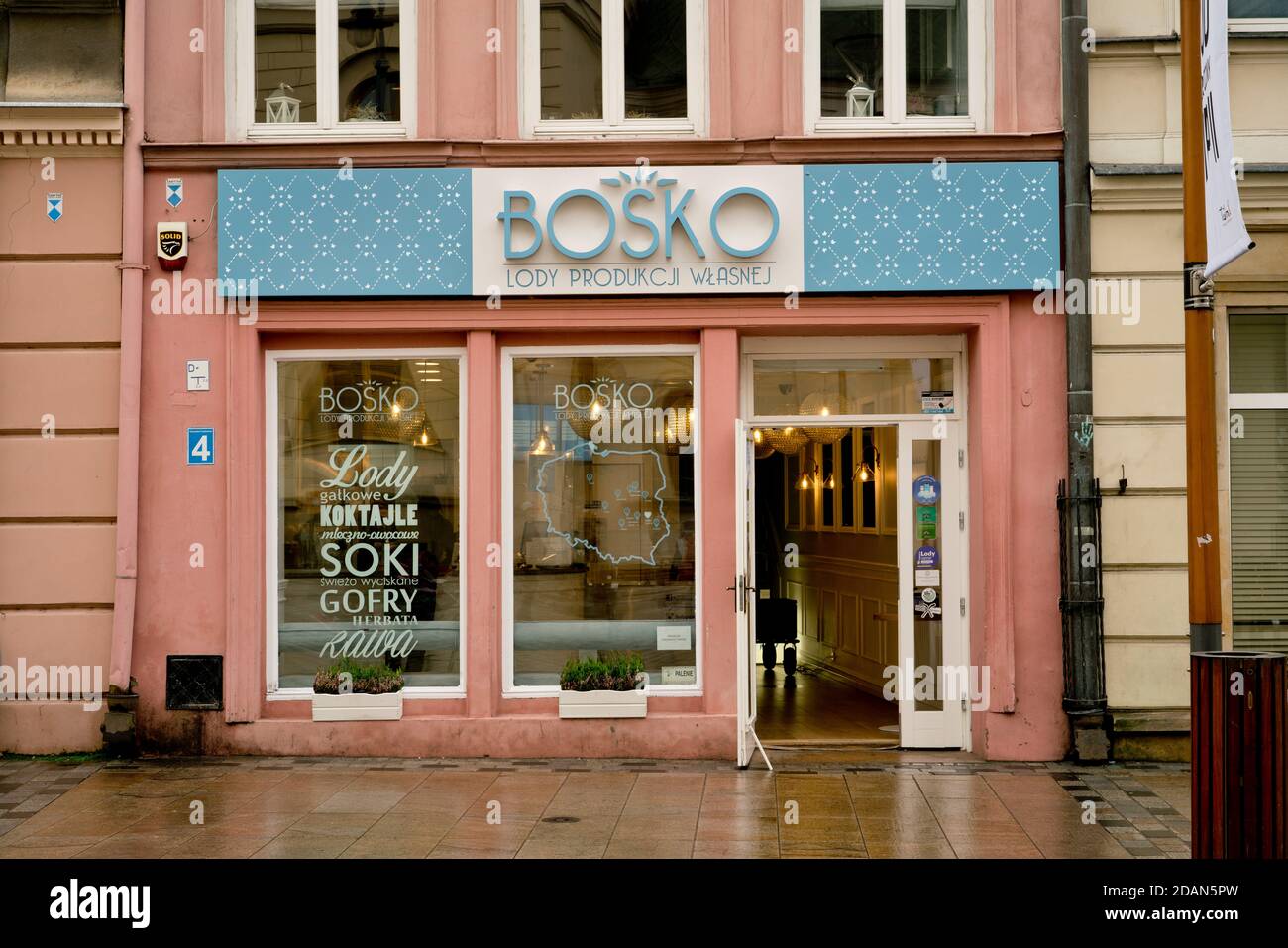 Storefront of a popular ice cream shop, Bosko, in Lublin, Poland Stock ...