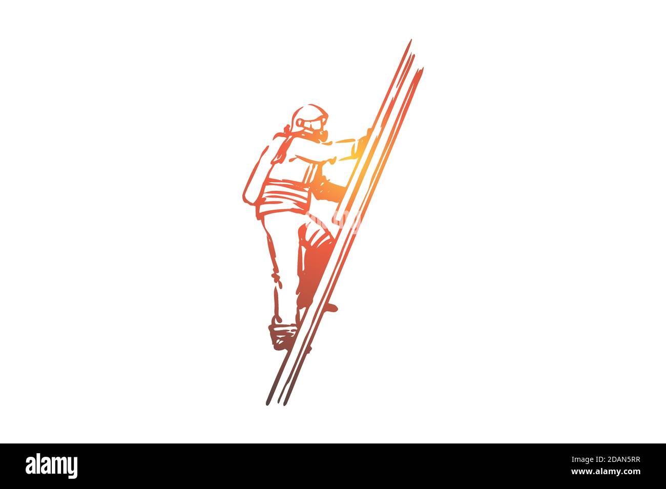 Firefighter, fire, rescue, danger, stairs concept. Hand drawn isolated ...