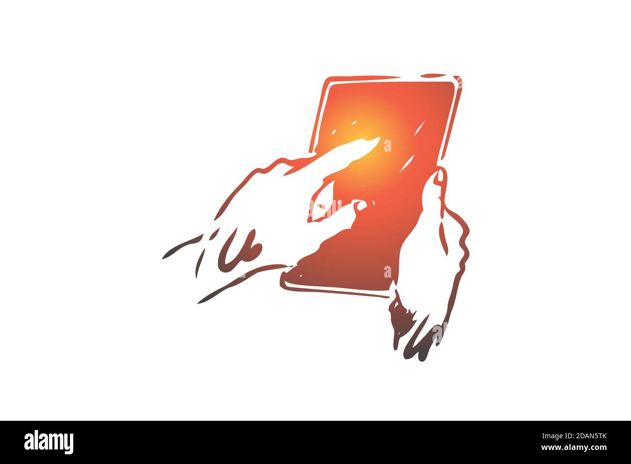 Tablet, hand, screen, finger, touch concept. Hand drawn isolated vector ...