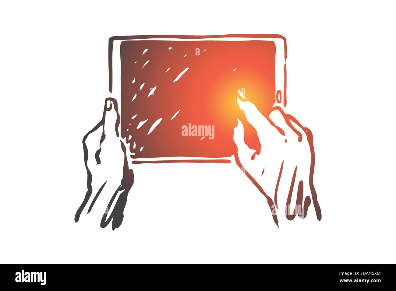Tablet, screen, hands, hold, display concept. Hand drawn isolated ...