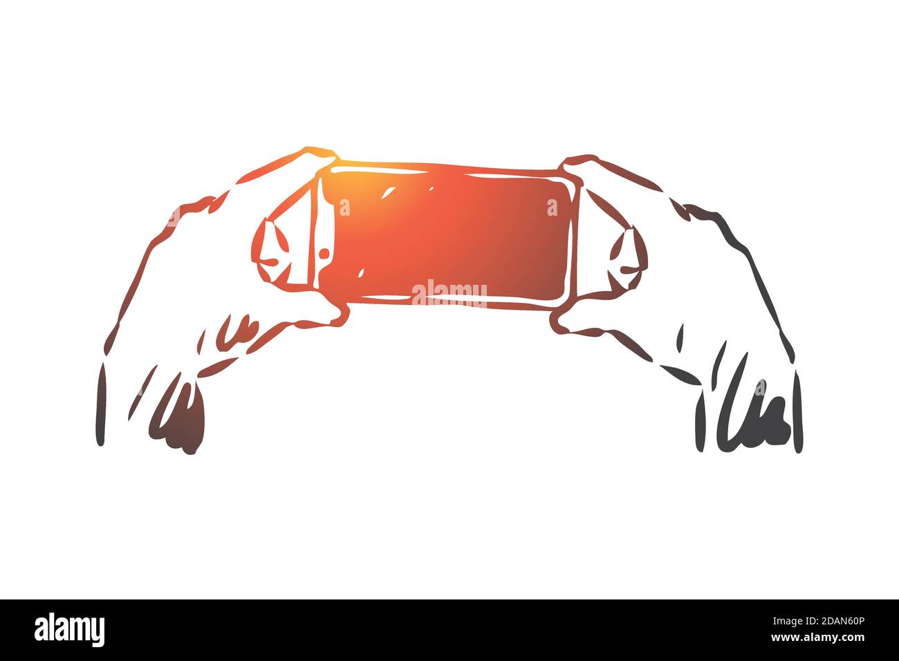 Smartphone, screen, hands, photo, technology concept. Hand drawn ...