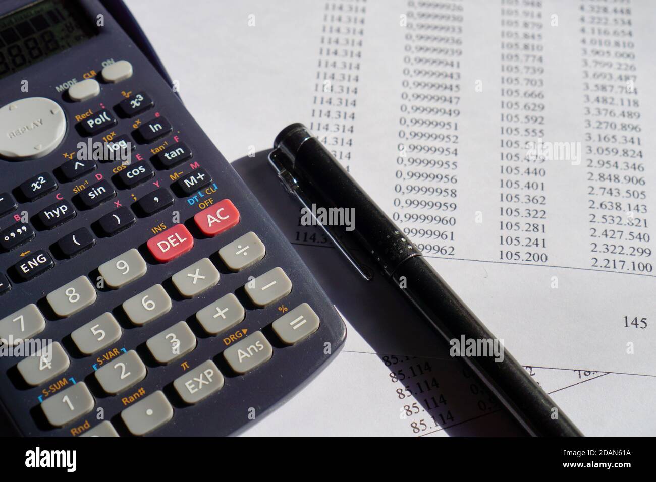 High angle shot of a calculator and a pen on a numbers sheet Stock ...