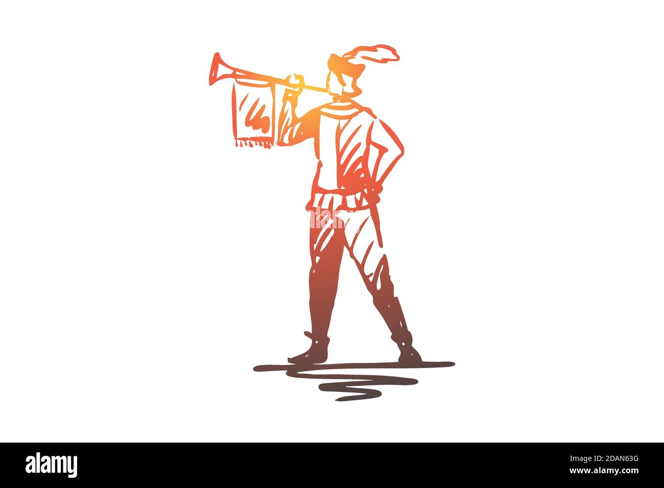 Trumpeter, medieval, trumpet, message, ancient concept. Hand drawn ...