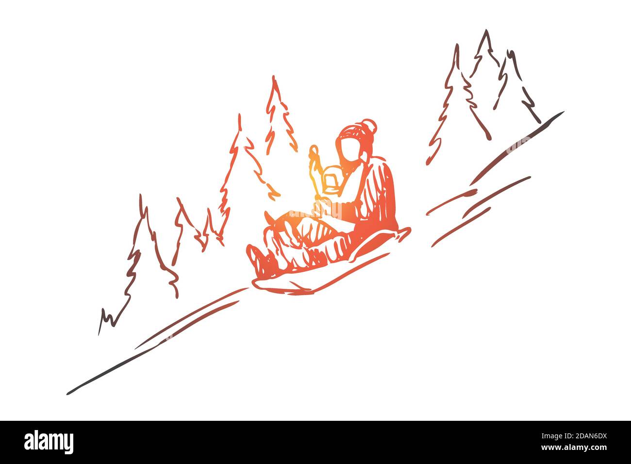 Sled, winter, mountains, activity, sport concept. Hand drawn isolated ...