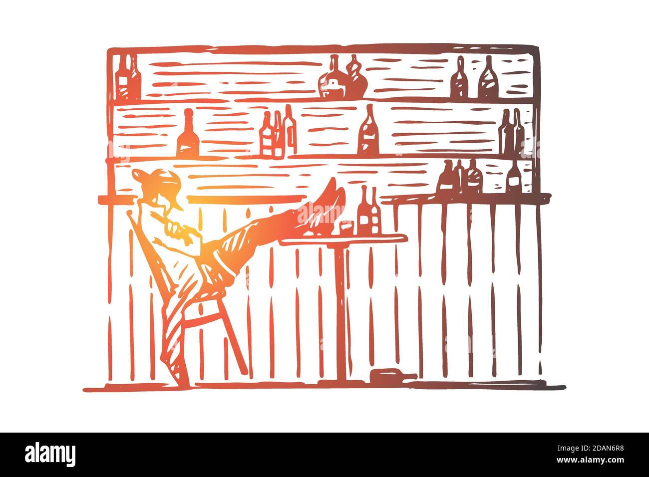 Wild, west, cowboy, bar, relax, western concept. Hand drawn isolated ...