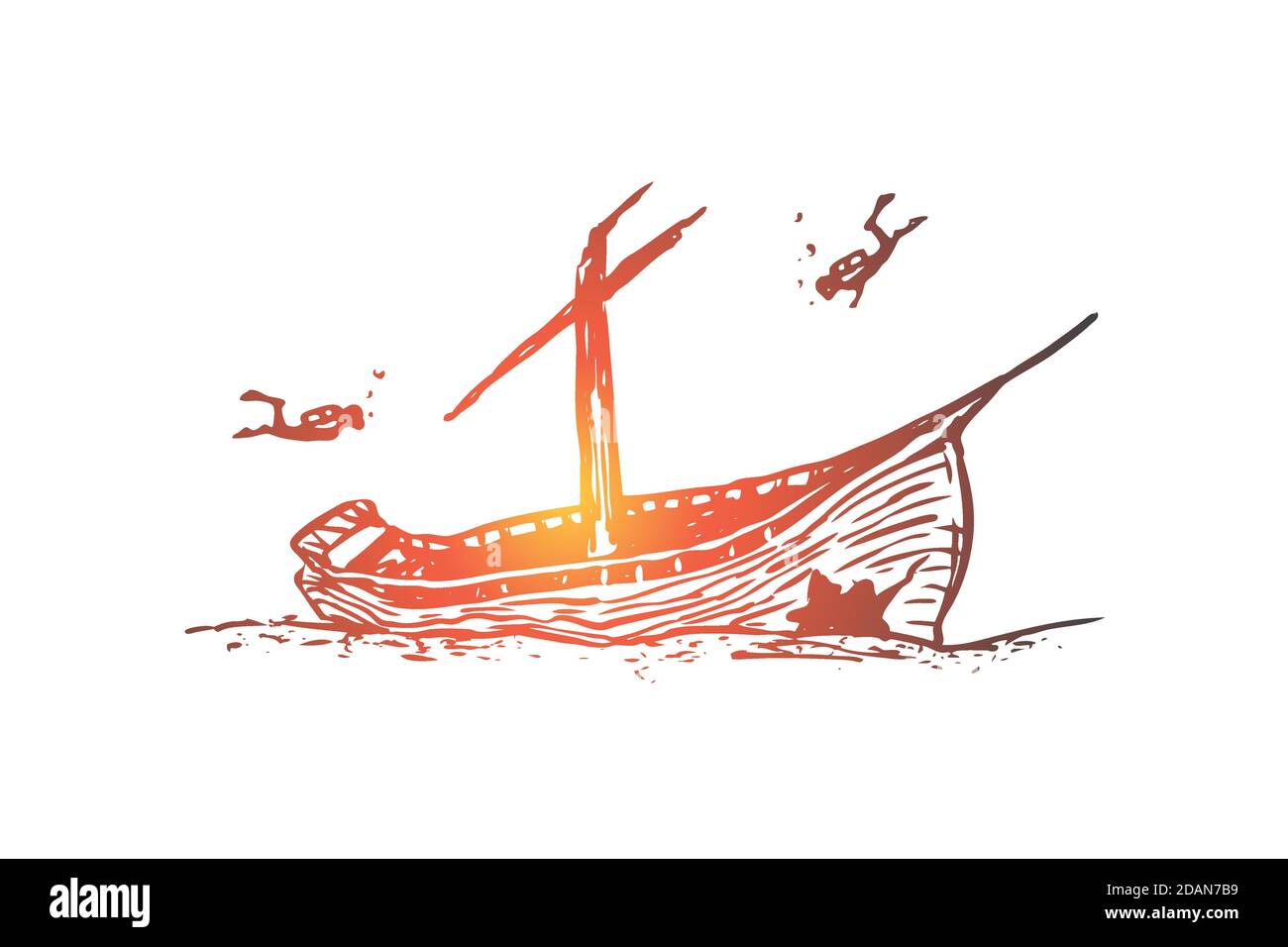 Underwater, boat, seabed, ship, diving concept. Hand drawn isolated ...