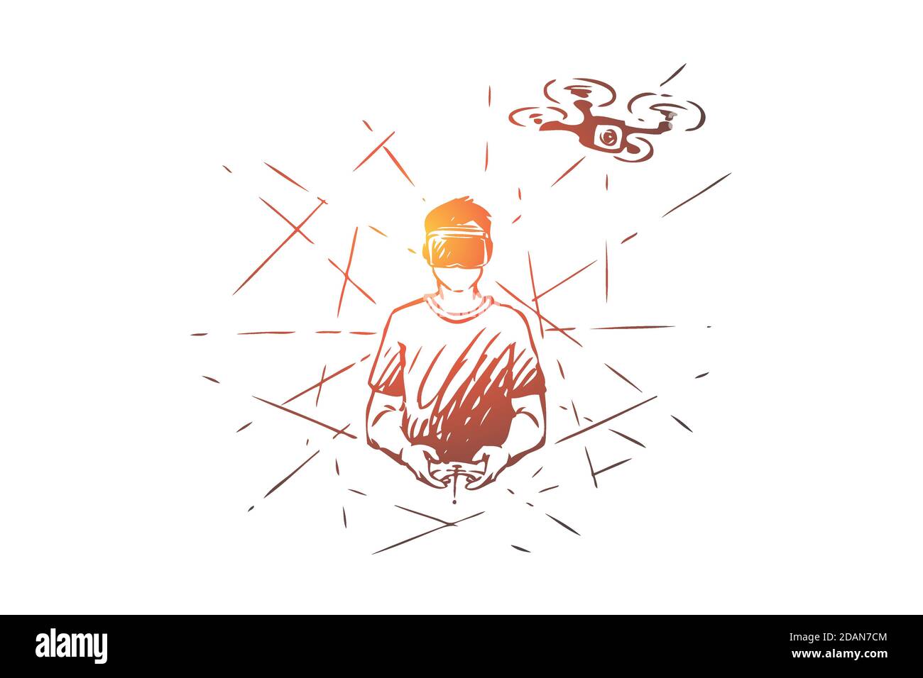 Remote, control, drone, fly, man concept. Hand drawn isolated vector ...