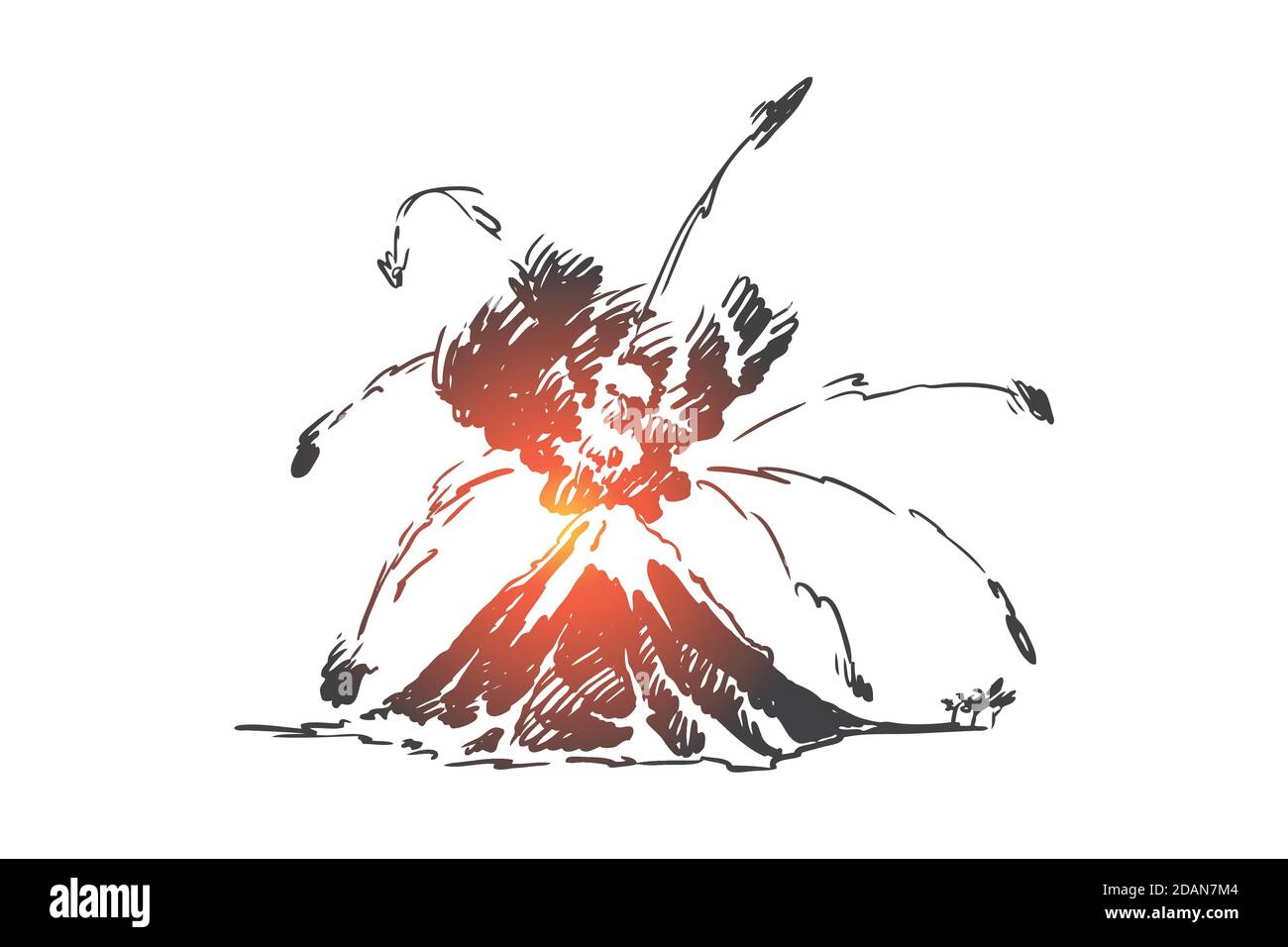 Volcano, lava, eruption, mountain, ash concept. Hand drawn isolated ...