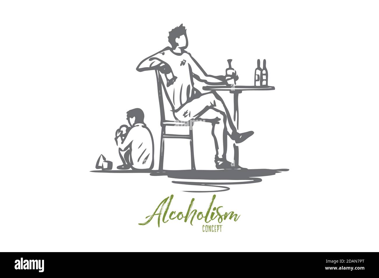 Father, alcohol, drunk, child, alcoholism concept. Hand drawn isolated ...