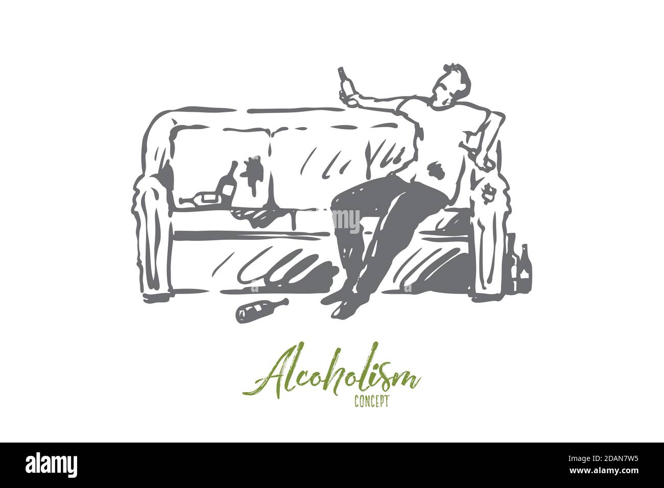 Alcoholism, man, drunk, bottle, sofa concept. Hand drawn isolated ...