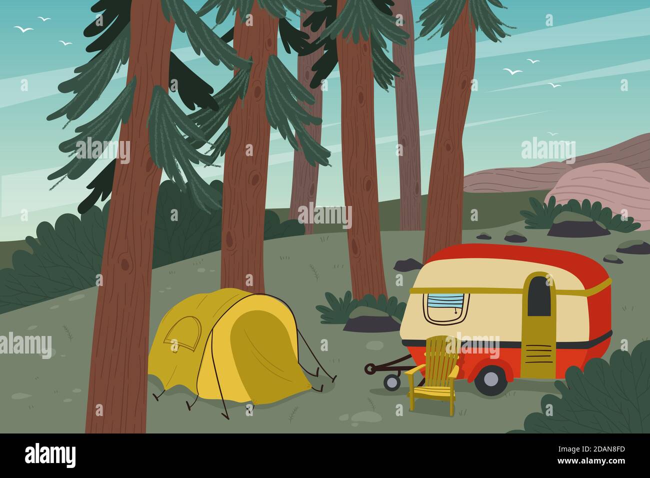 Camping with a caravan illustration Vector illustration Stock Vector ...