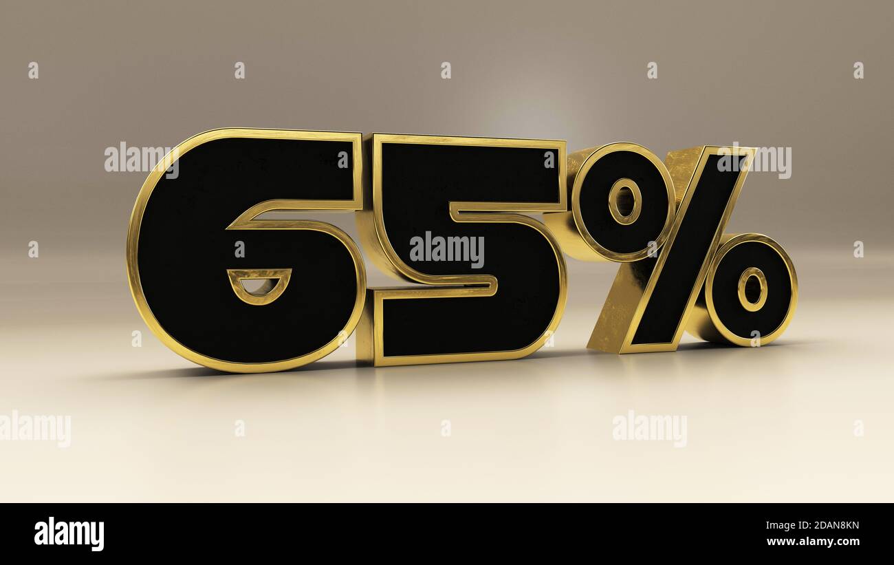 65 percent 3d gold and black luxury text isolated on white, 3d render ...