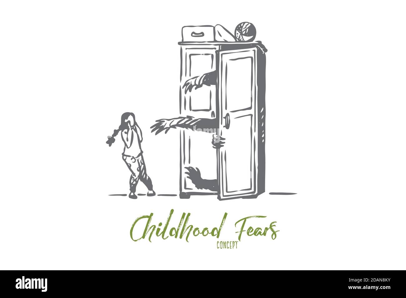 Cupboard, monster, child, fear, scary concept. Hand drawn isolated ...