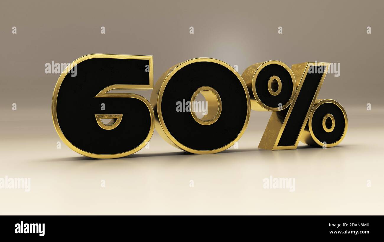 60 percent 3d gold and black luxury text isolated on white, 3d render ...