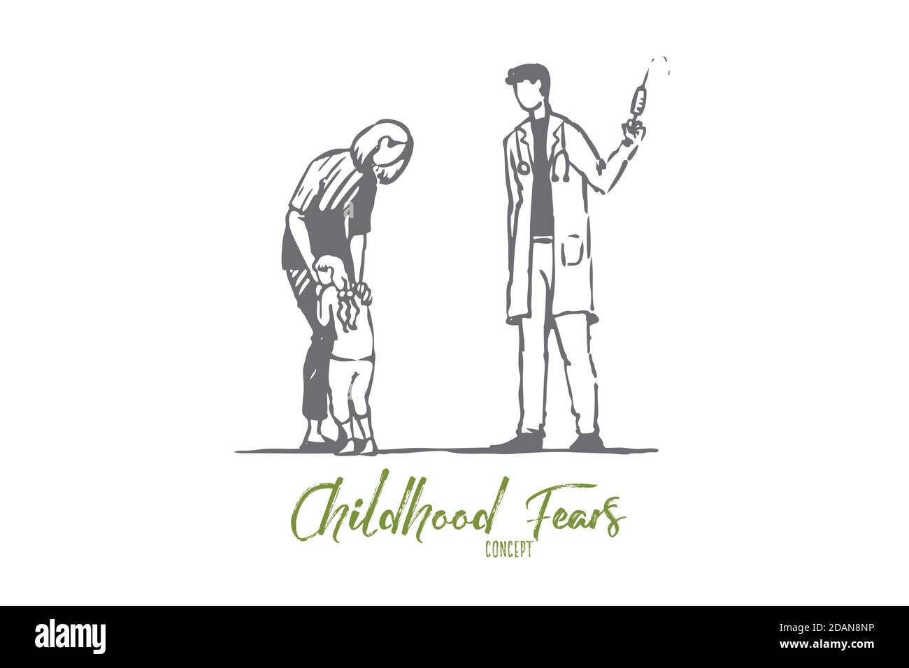 Child, doctor, injection, fear, syringe concept. Hand drawn isolated ...