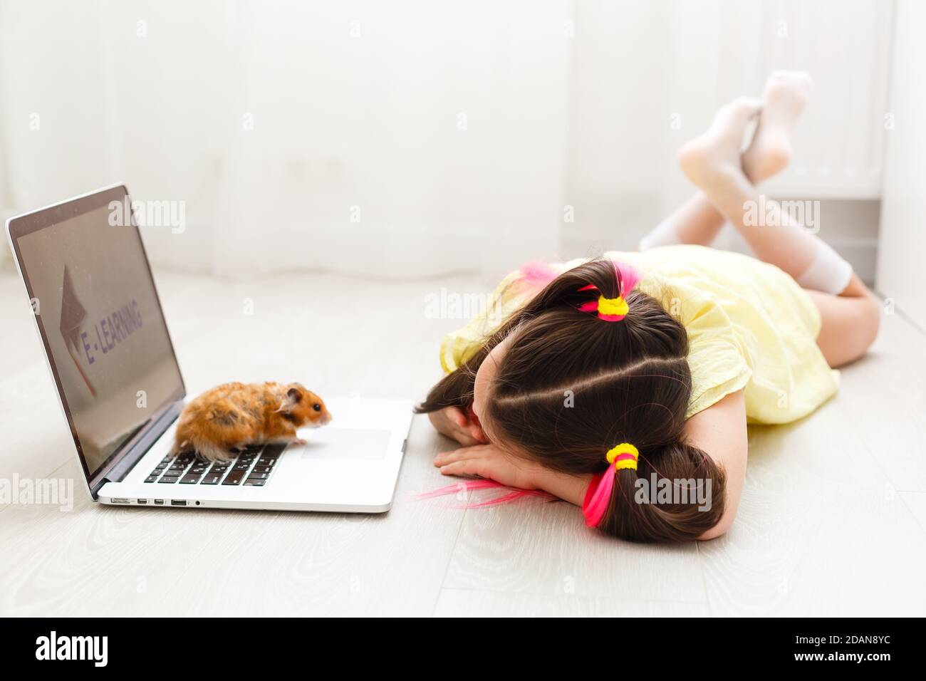 Educate at home. Child girl make homework with pet hamster. Funny ...