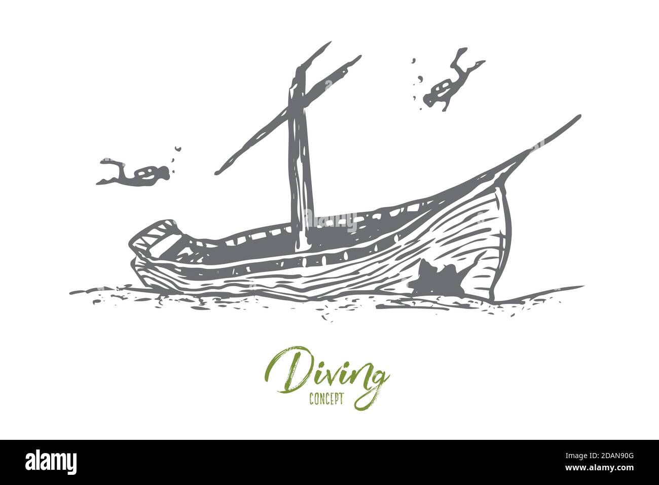 Underwater, boat, seabed, ship, diving concept. Hand drawn isolated ...