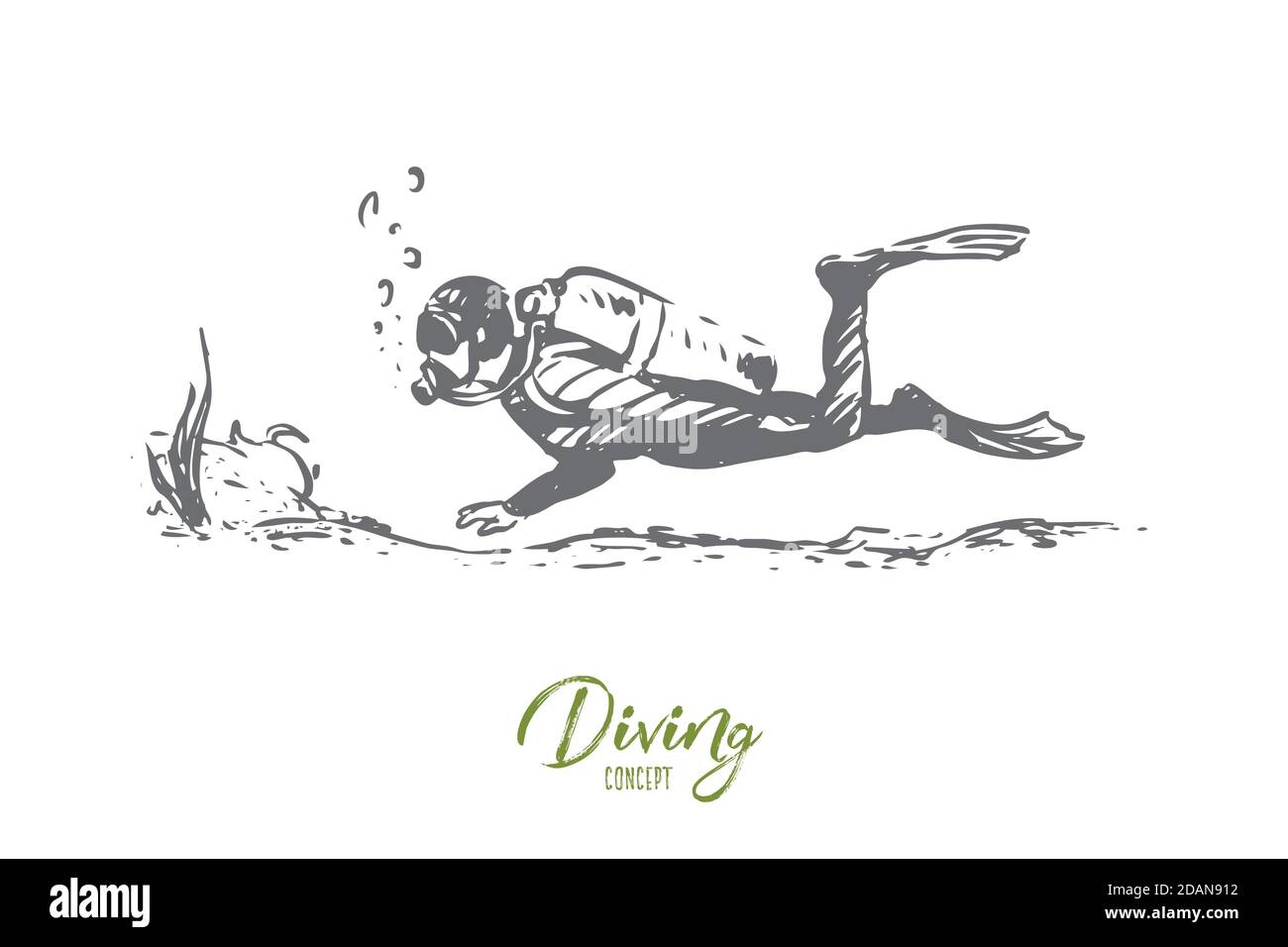 Scuba, diving, underwater, sport, sea concept. Hand drawn isolated ...