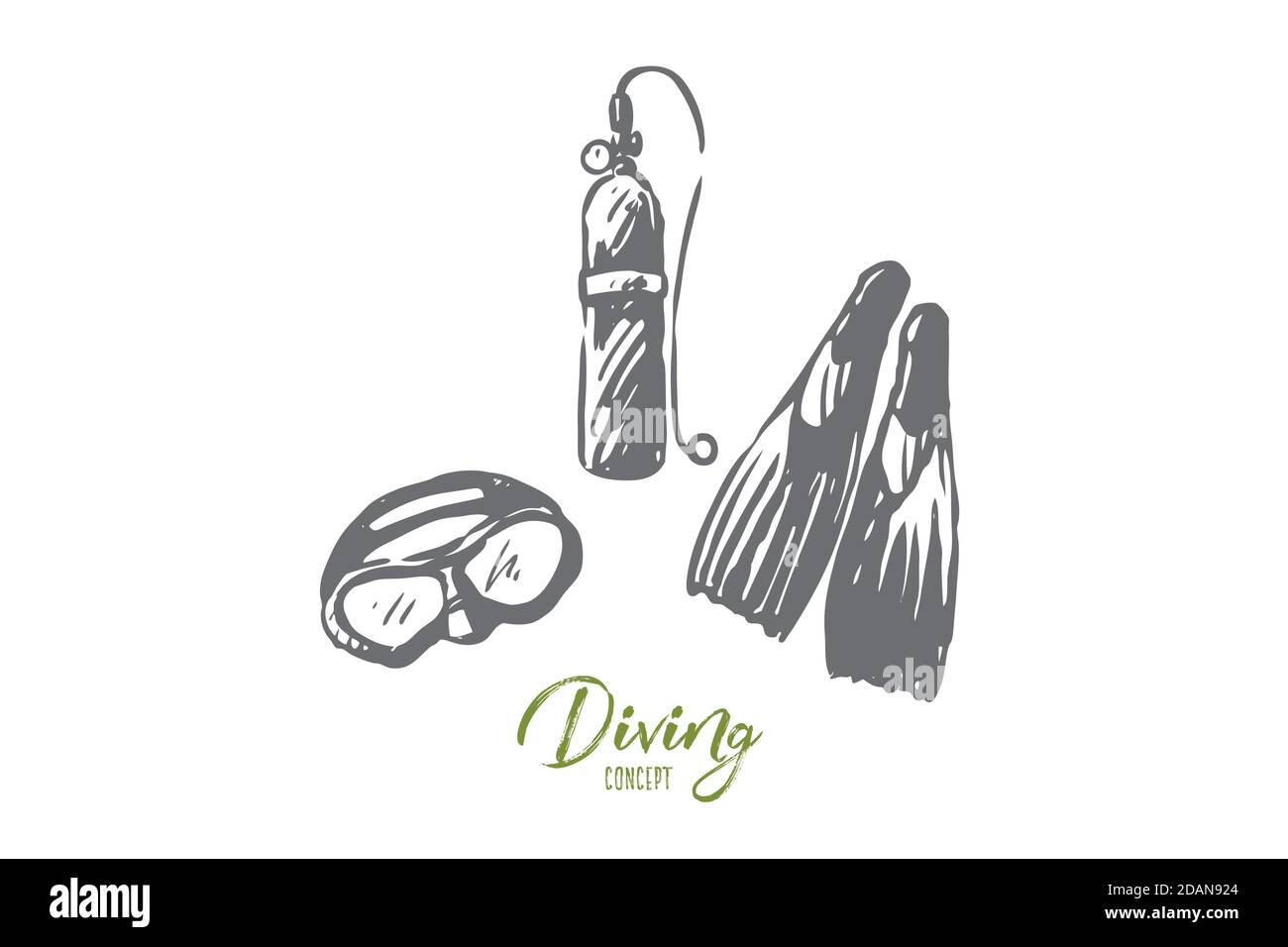 Equipment, diving, mask, underwater, scuba concept. Hand drawn isolated ...