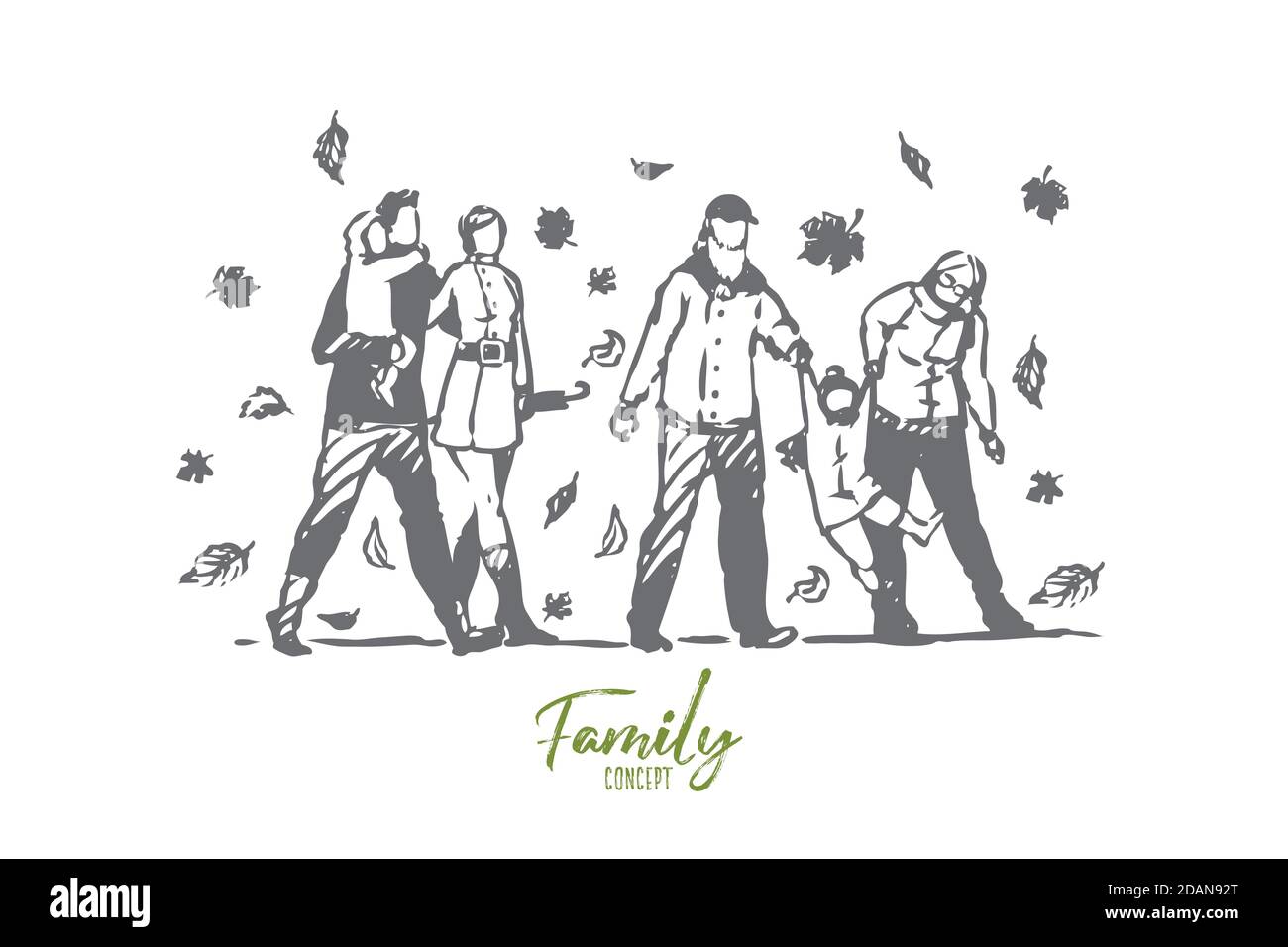 Family, autumn, park, people, tree concept. Hand drawn isolated vector ...