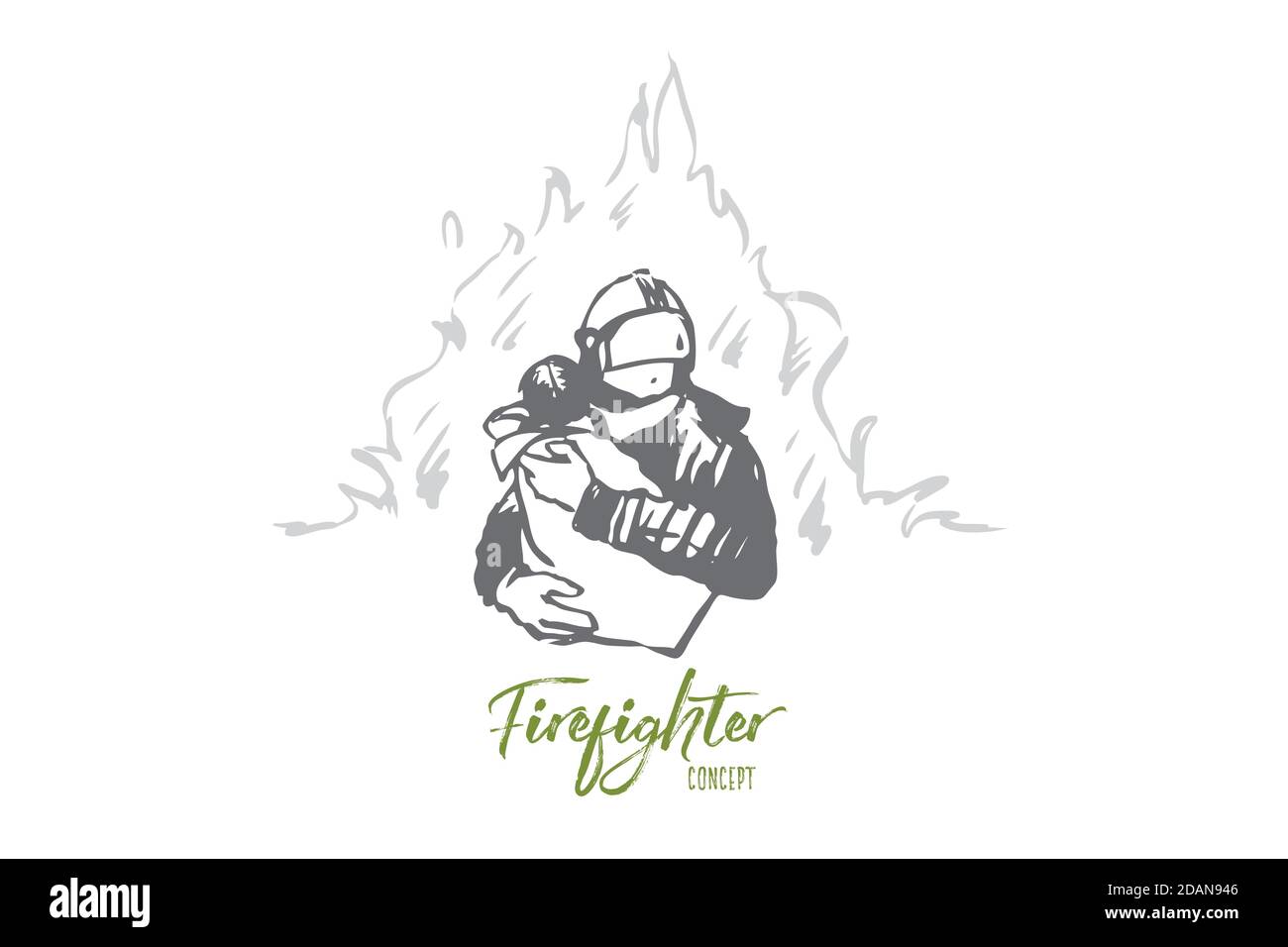 Firefighter, safety, fire, child, rescue concept. Hand drawn isolated ...