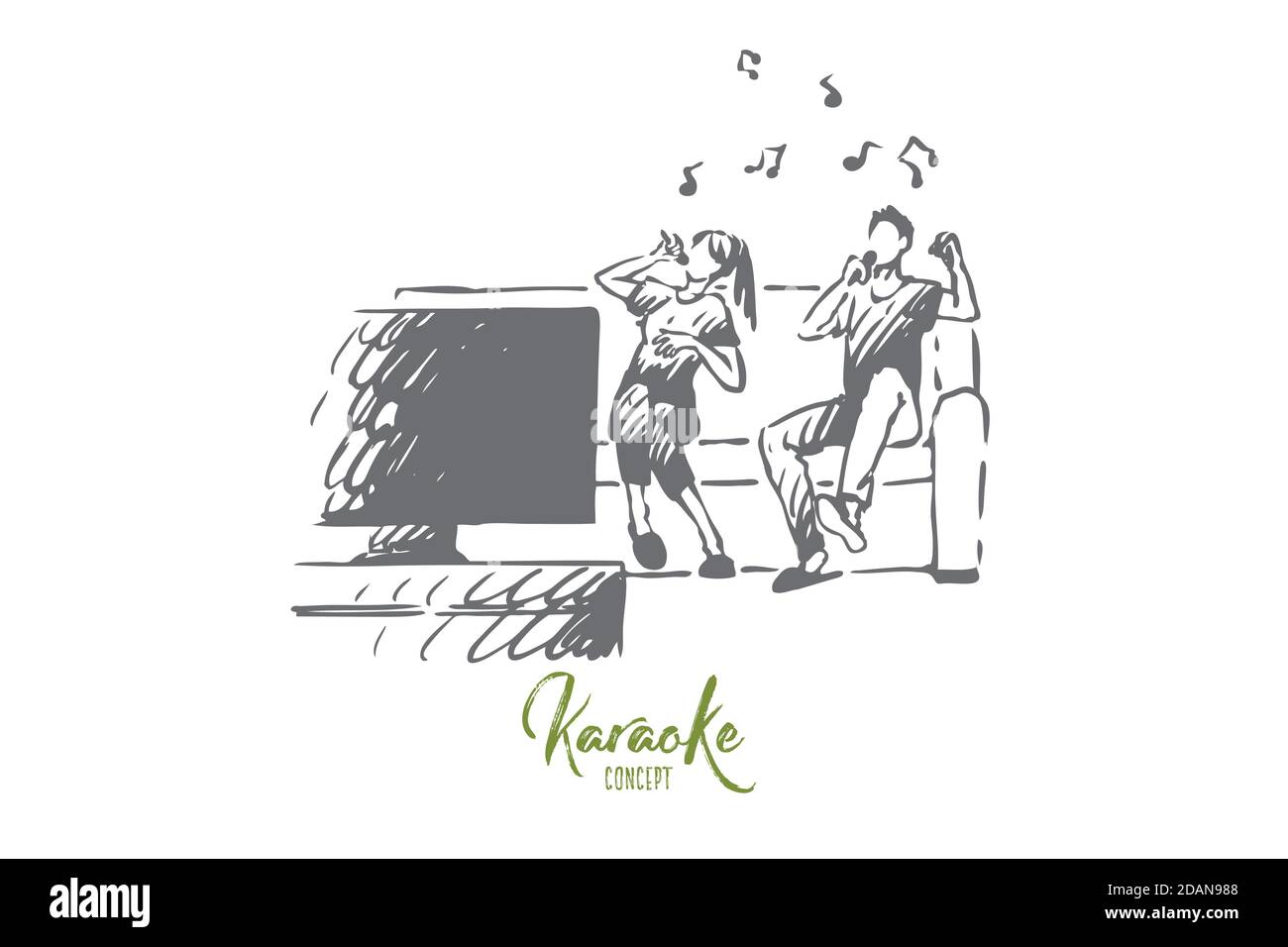 Karaoke, family, home, fun, singing concept. Hand drawn isolated vector ...