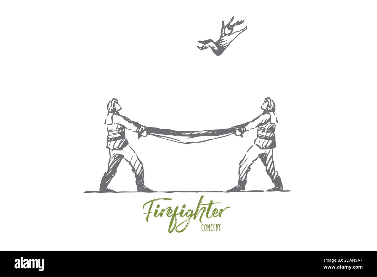 Firefighter, catch, rescue, danger, safe concept. Hand drawn isolated ...