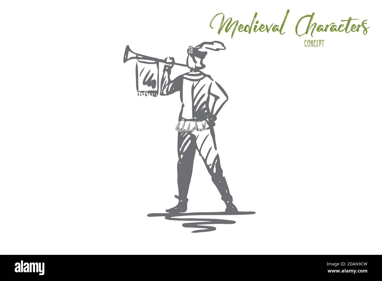 Trumpeter, medieval, trumpet, message, ancient concept. Hand drawn ...