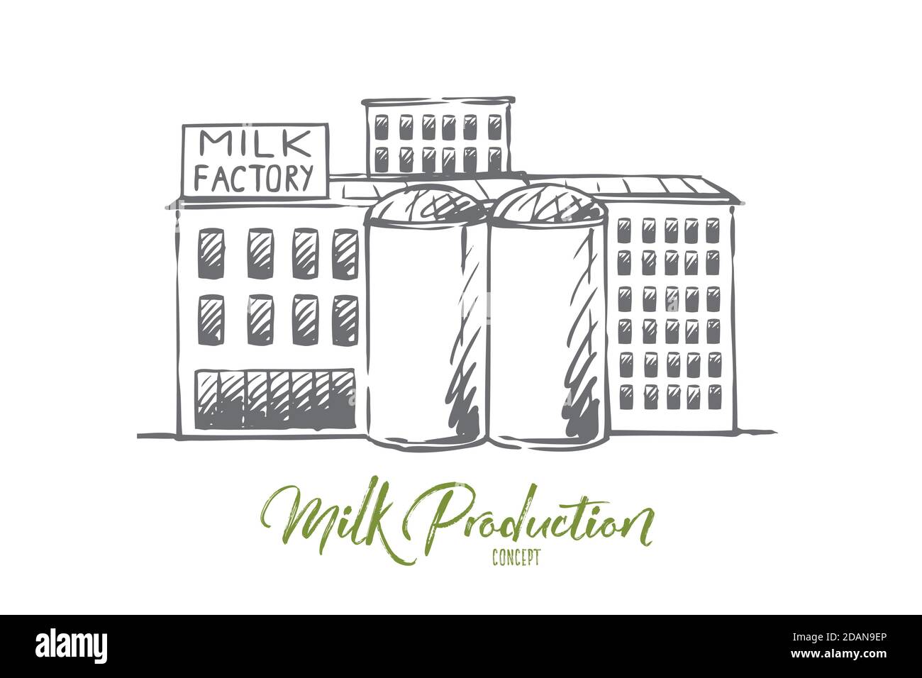 Milk, factory, plant, production, industry concept. Hand drawn isolated ...