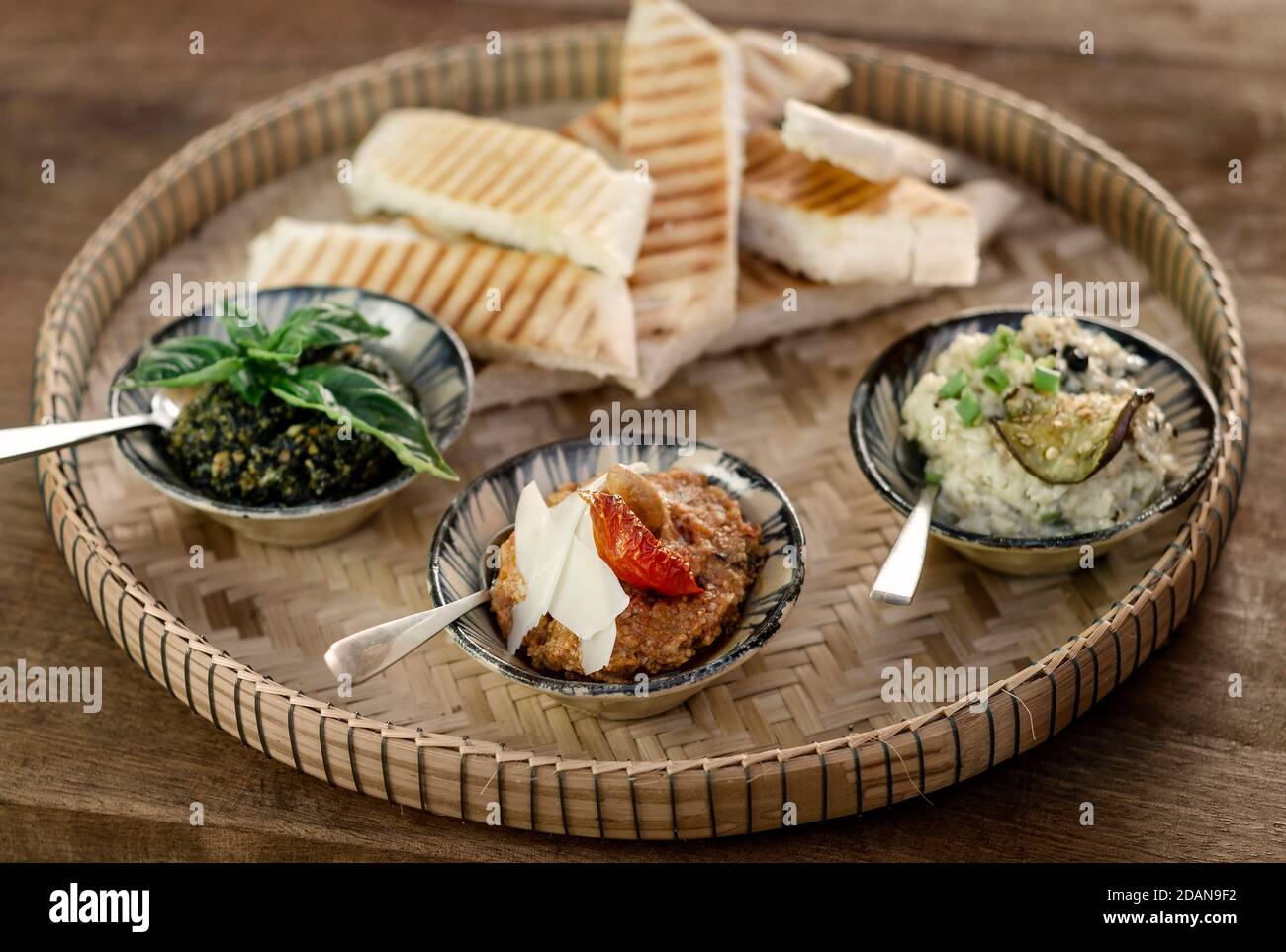 vegetarian turkish mezze snack tapas platter on rustic wood restaurant ...