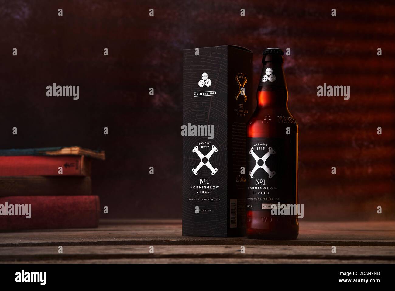 Marston's limited edition bottle conditioned IPA beer on a moody set ...