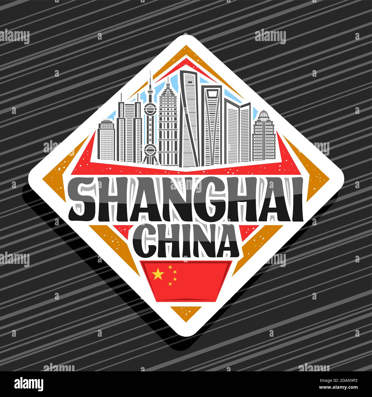 Vector logo for Shanghai, white rhombus road sign with illustration of ...