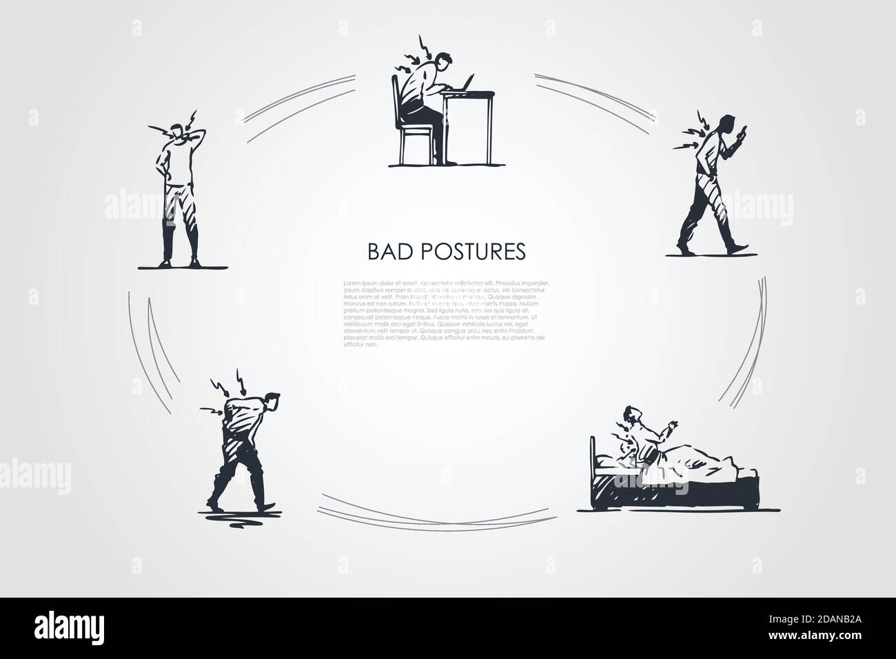 Bad postures - man sitting, standing and lying in bad postures with ...