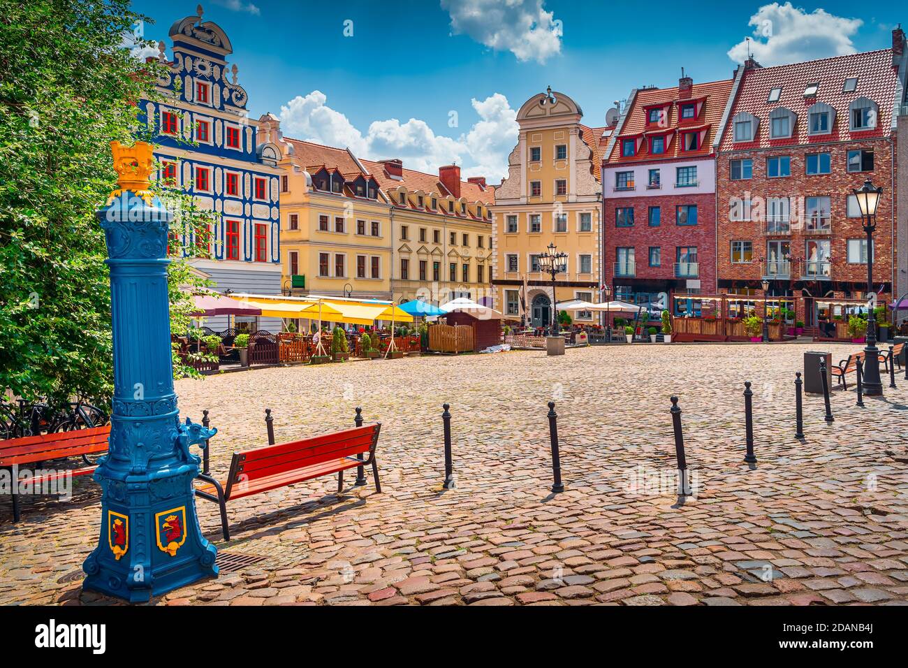 Traditional blue water pump with gryphon head crest from Szczecin city ...
