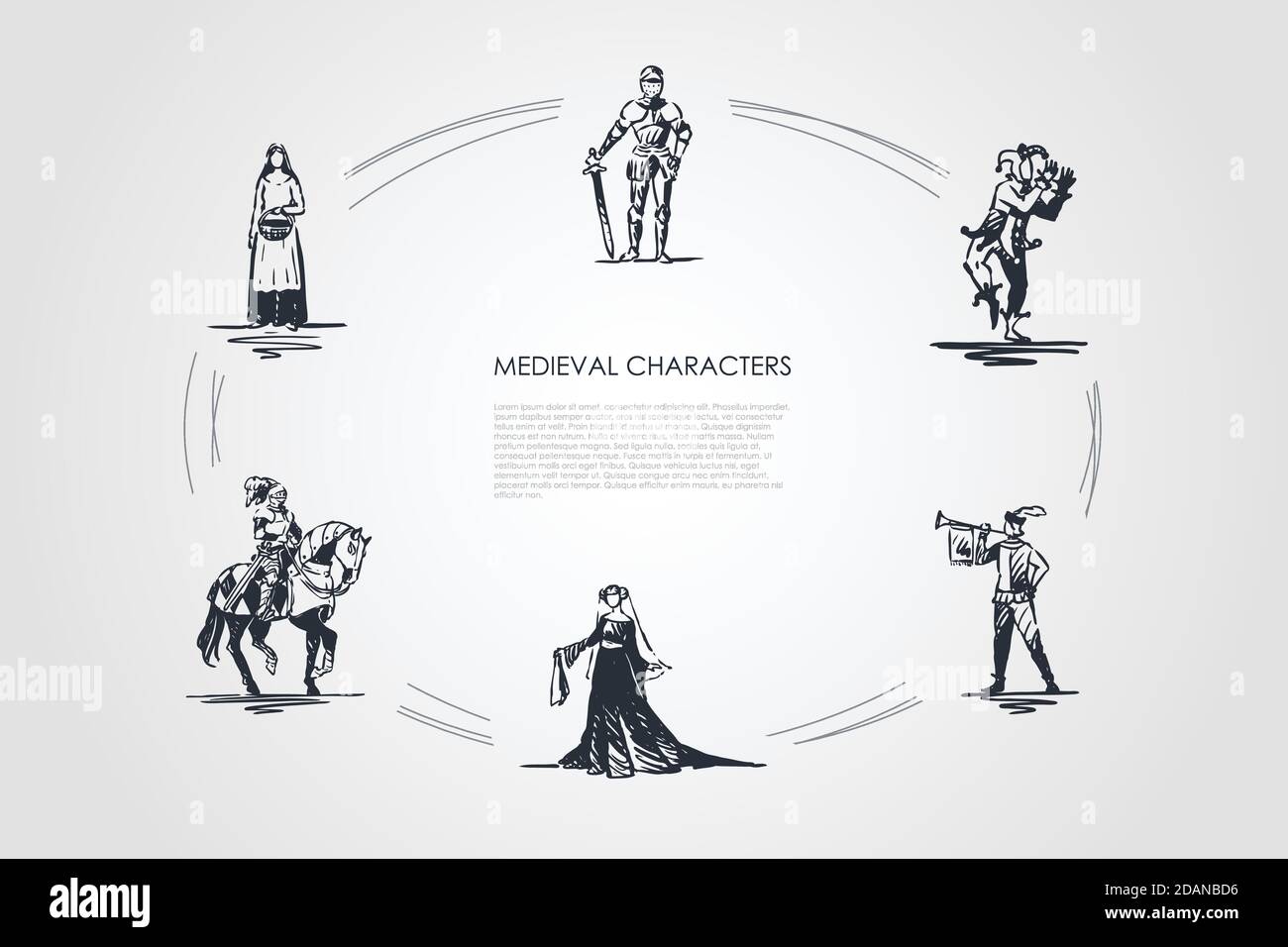 Medieval characters - knight, troubadour, buffon, peasant woman and ...