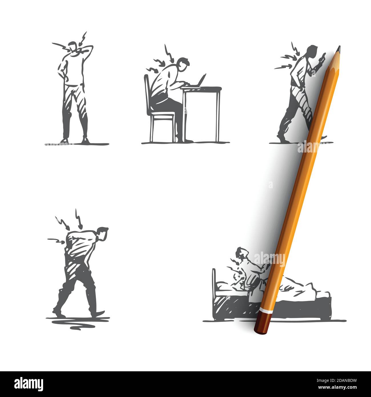 Bad postures - man sitting, standing and lying in bad postures with ...