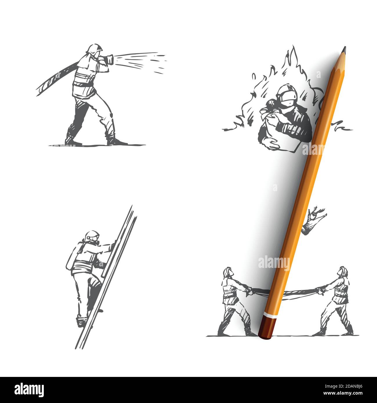 Firefighter - man firefighter extinguishing fire, climbing up ladder ...