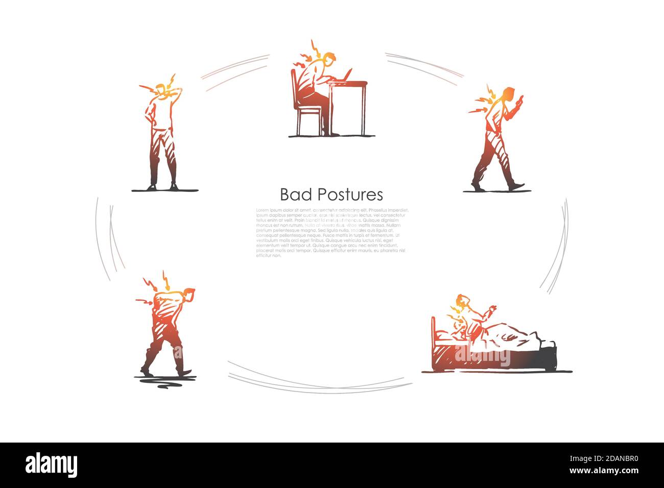 Bad postures - man sitting, standing and lying in bad postures with ...