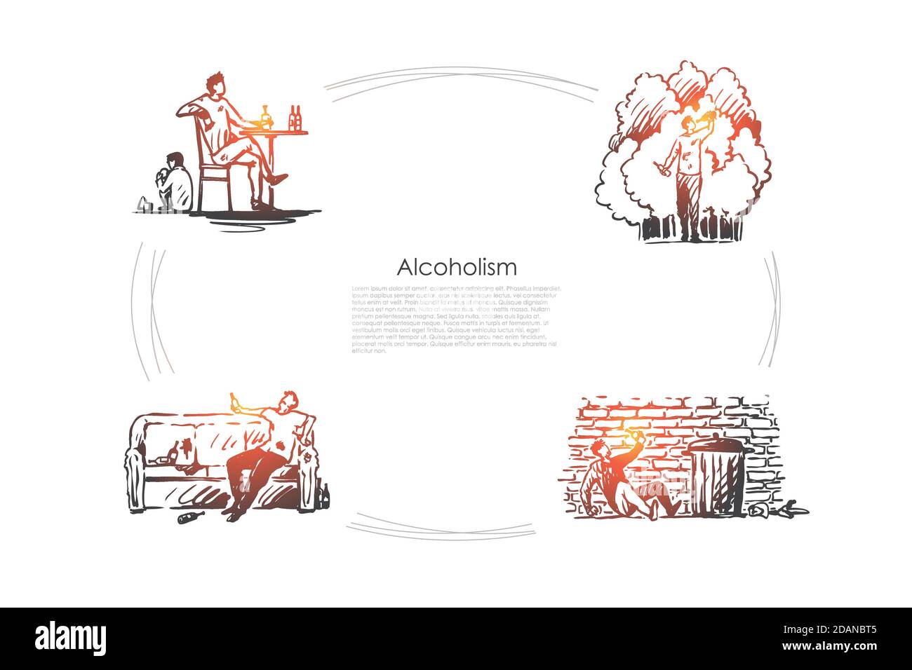 Alcoholism - men drinking alcohol at home and on street outdoors vector ...