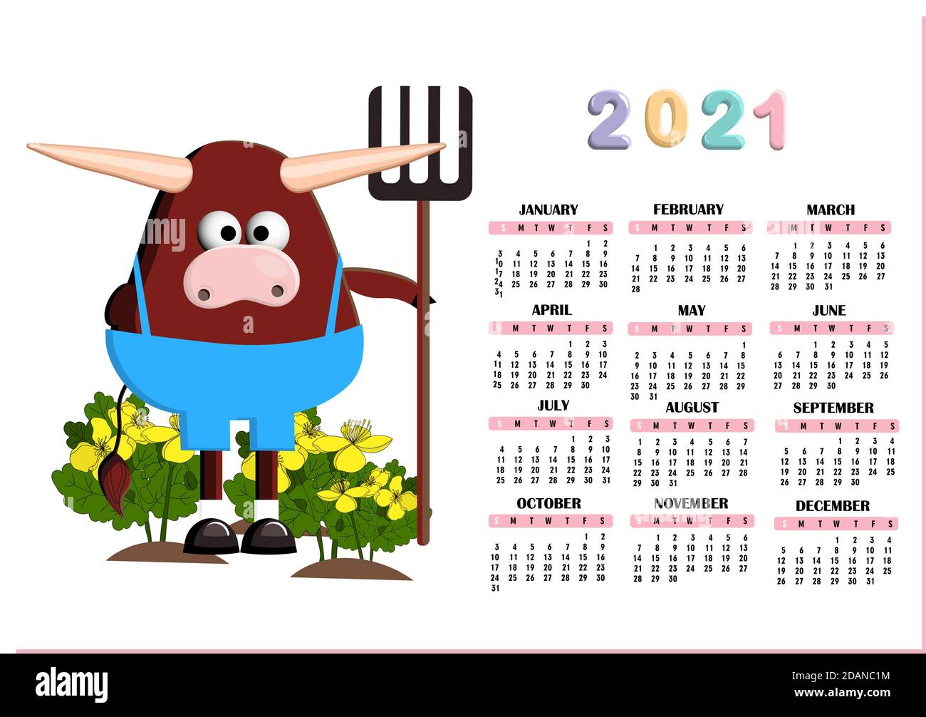 Trend calendar for 2021. Year of the bull or ox. Cute baby bull ...