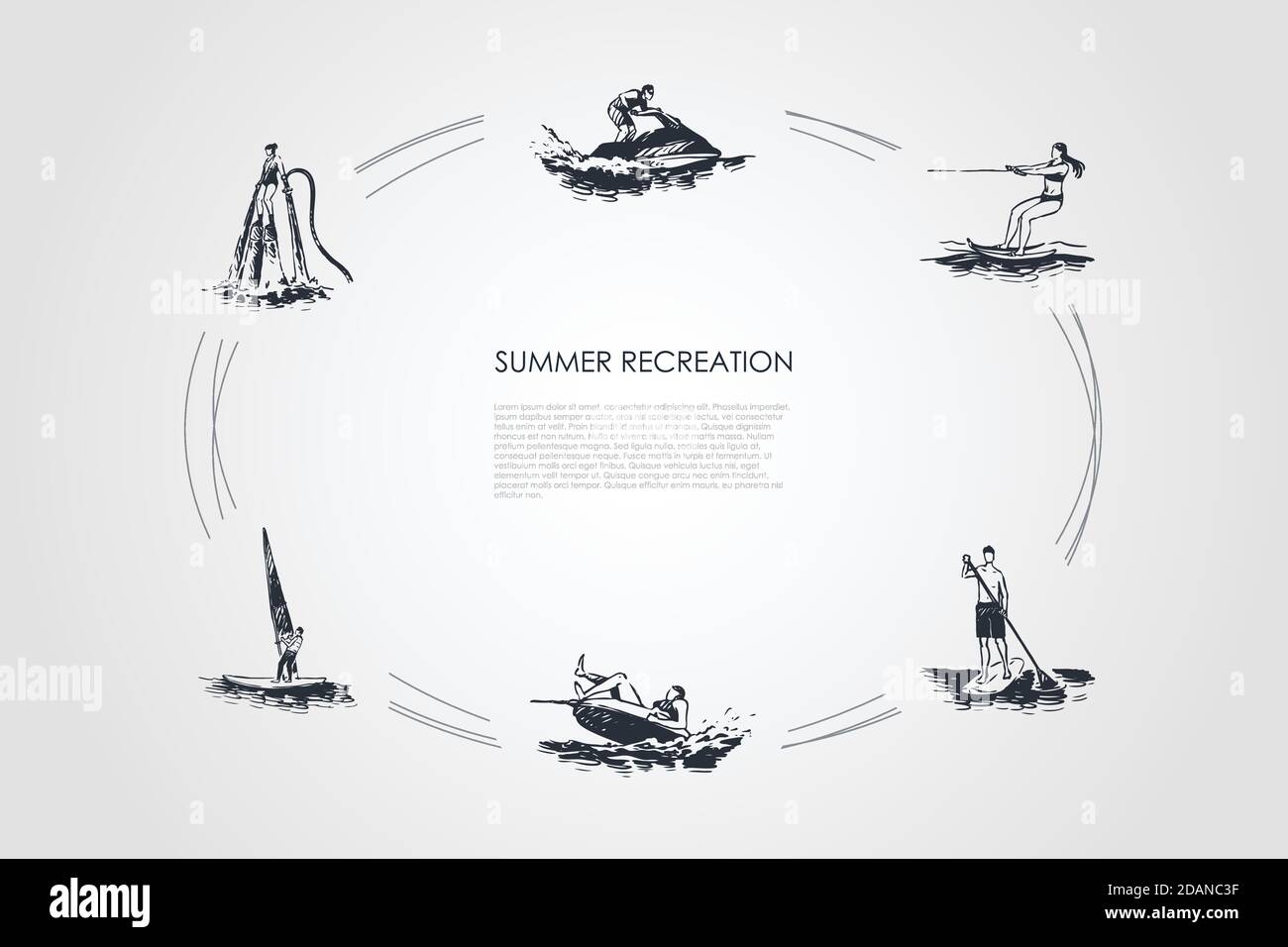 Summer recreation - flyboarding, water skiing, paddle boarding, sailing ...