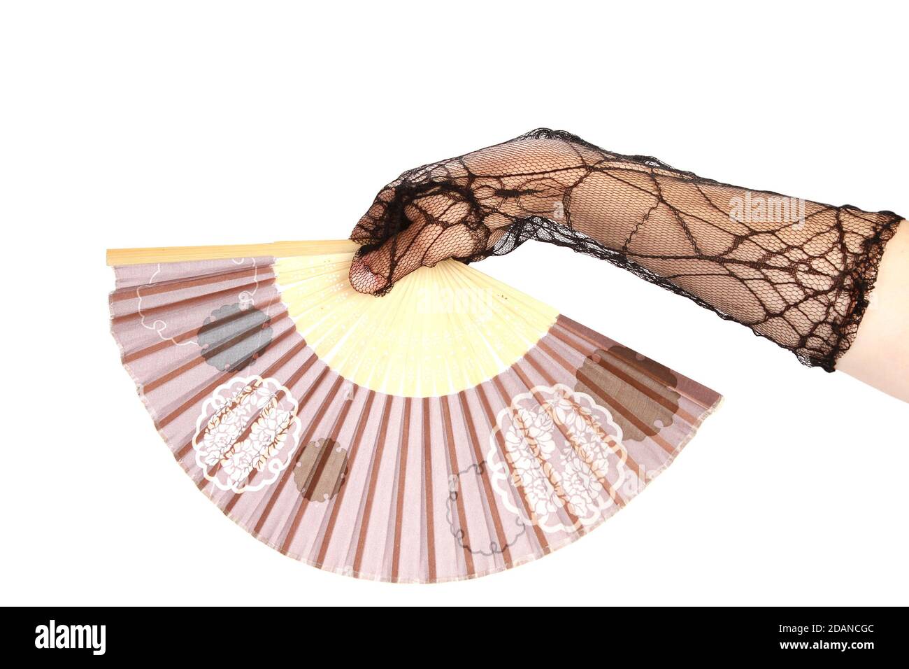 Female hand with a glove holding a fan on white background Stock Photo ...