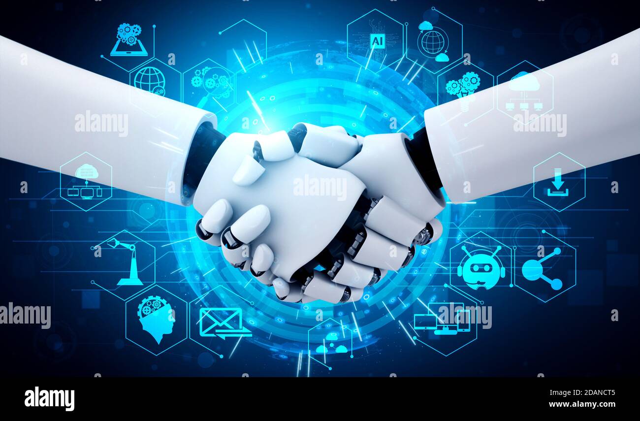3D rendering humanoid robot handshake to collaborate future technology development by AI ...