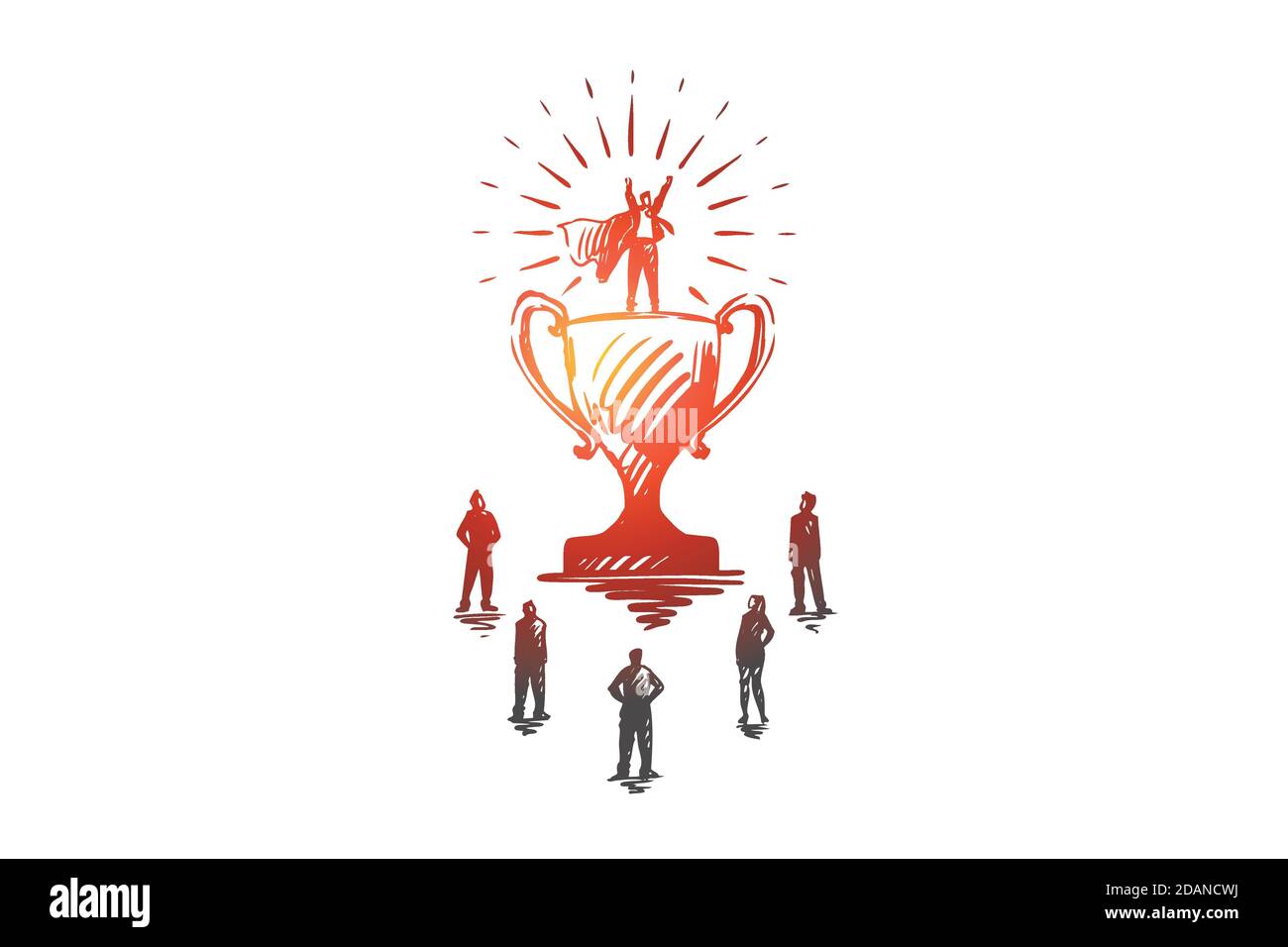 Champion, success, victory, businessman, superman concept. Hand drawn ...