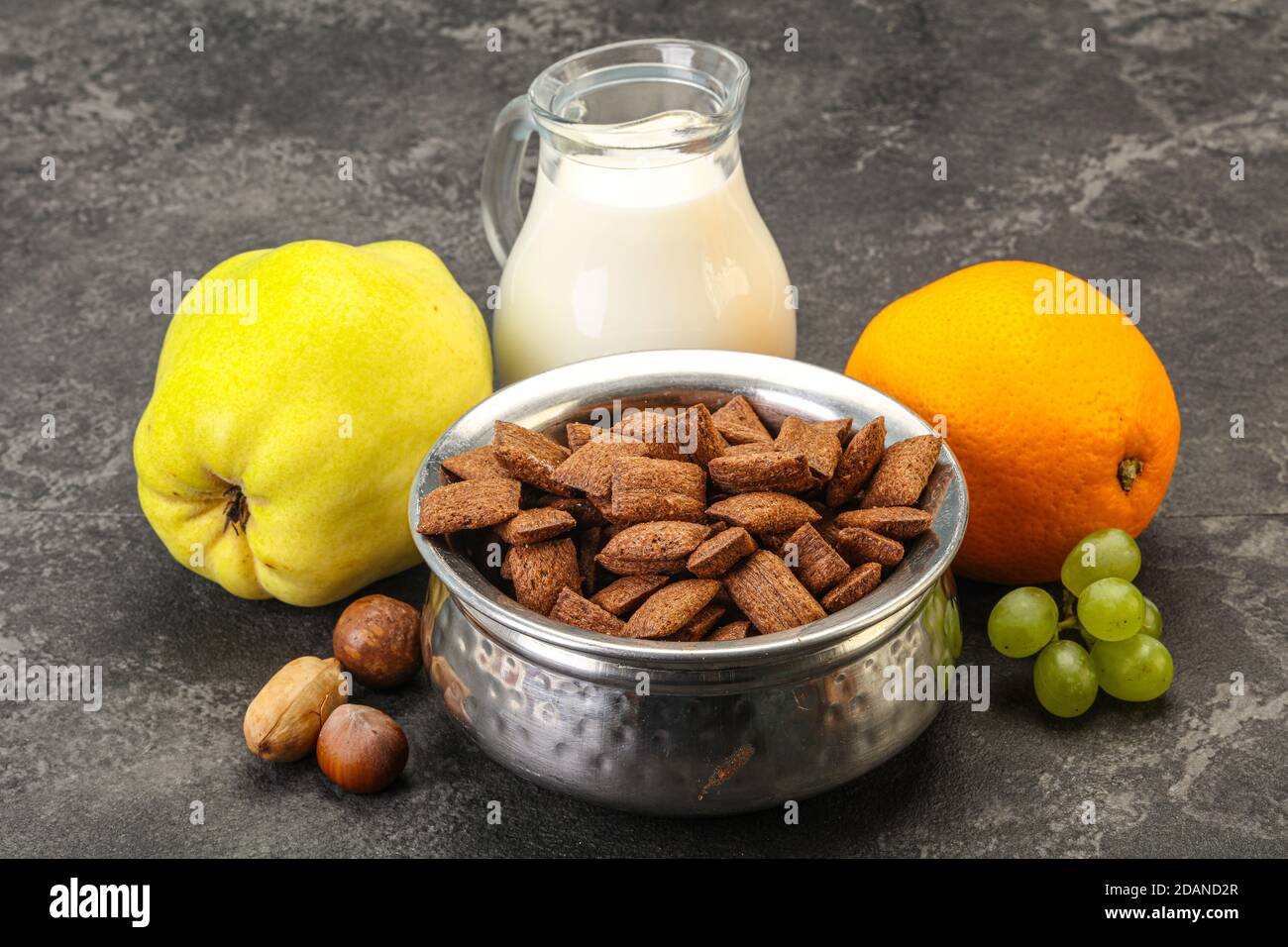 Breakfast with corn chokolate pads, fruits and milk Stock Photo - Alamy