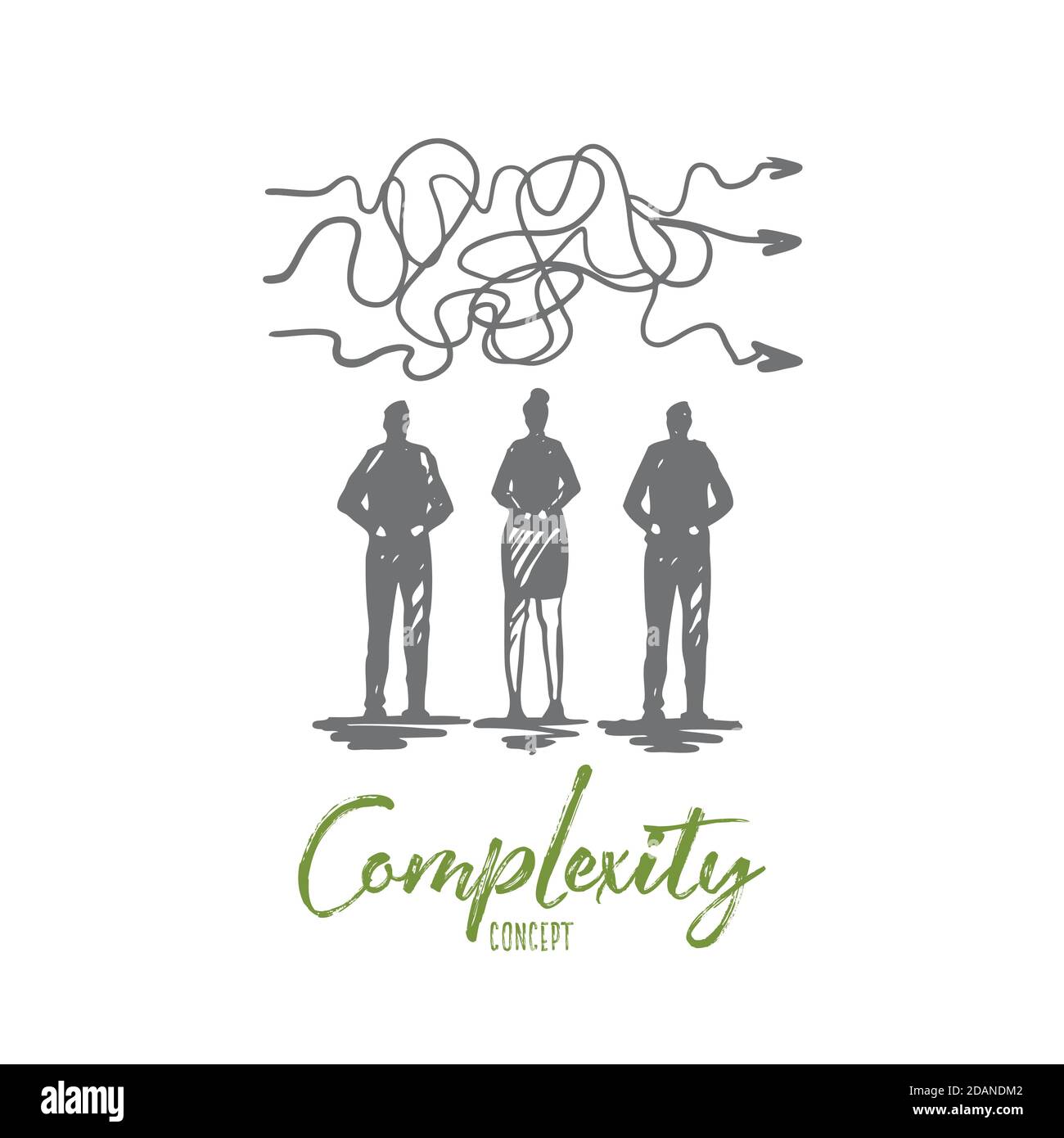 Complexity, business, solution, goal, strategy concept. Hand drawn ...