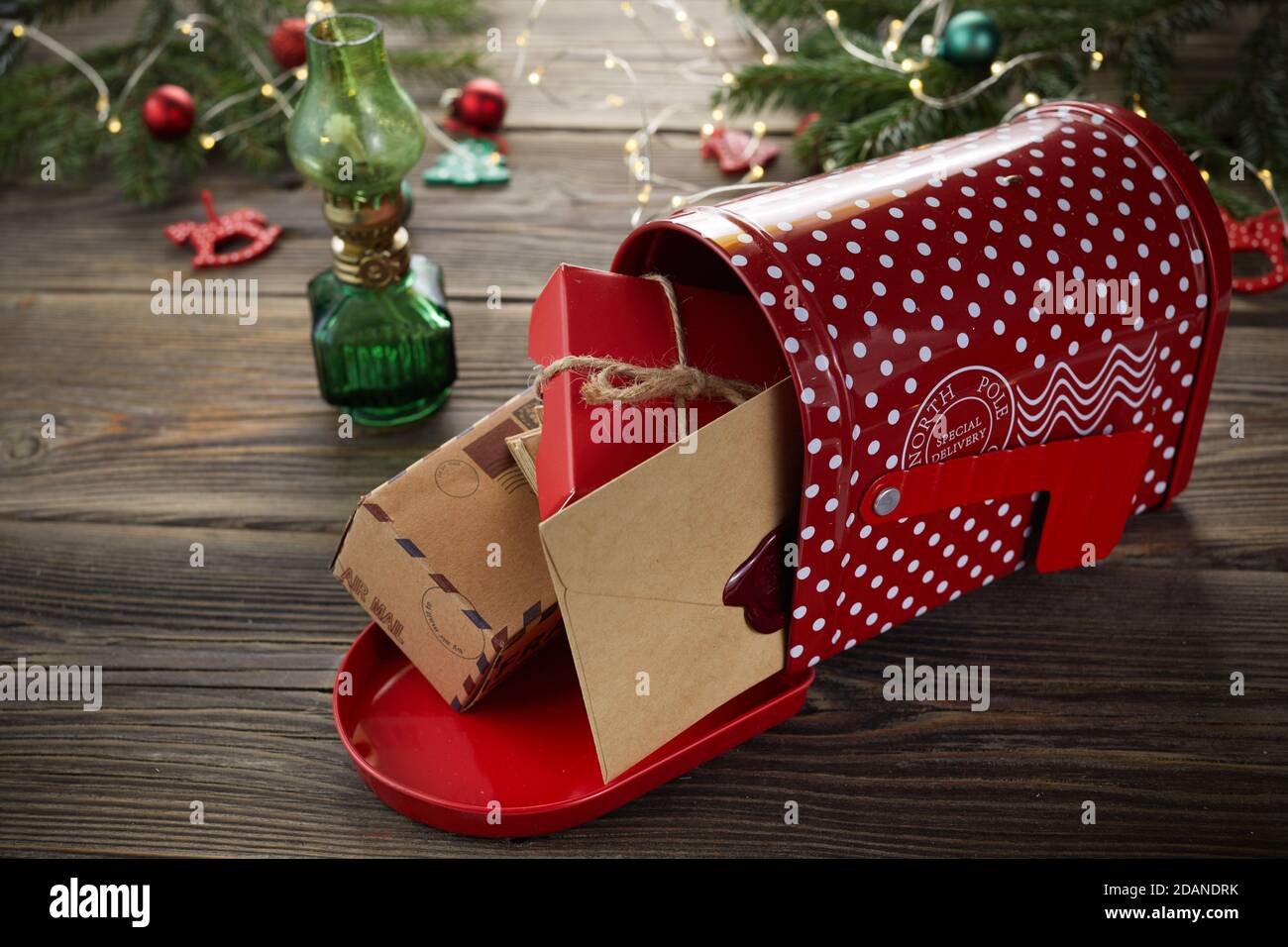Santa Claus Christmas post on wooden background with Christmas tree ...
